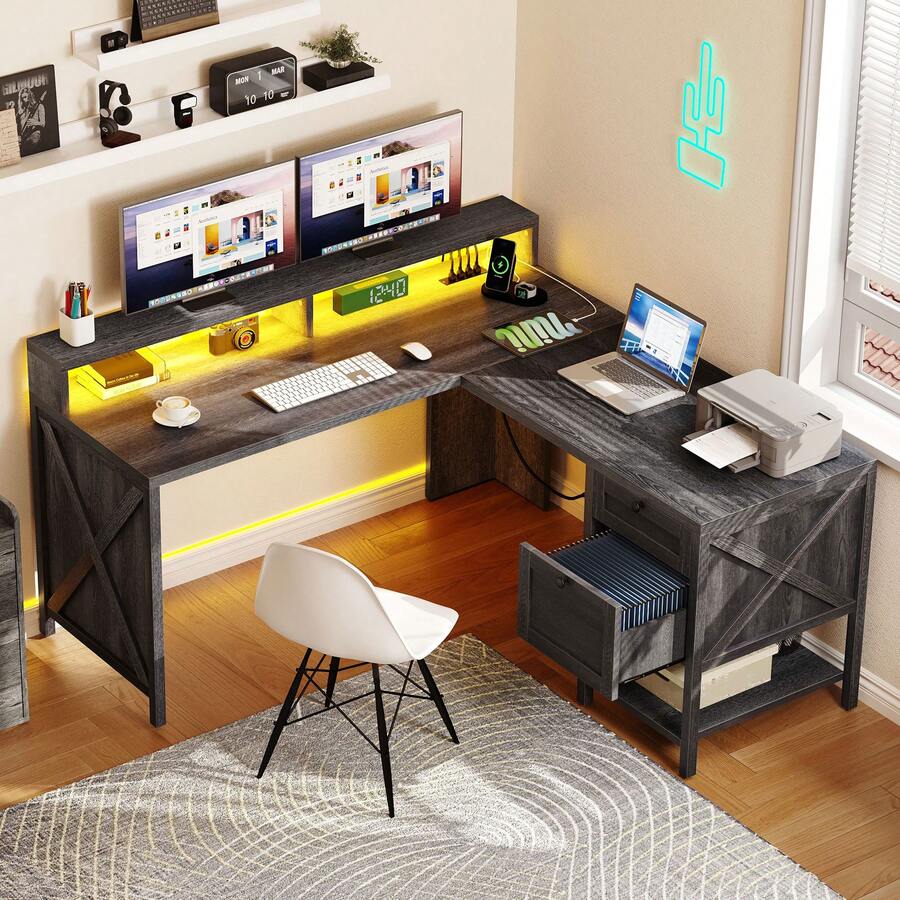 Farmhouse L Shaped Desk With Power Outlets & LED Lights, 60" Computer ...