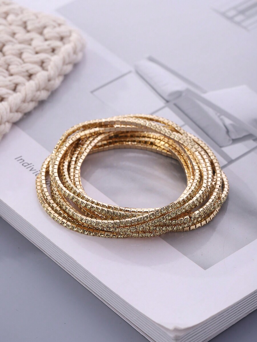 Women's Elastic 12 Strands Bracelet With Rhinestone Decoration, Gold ...
