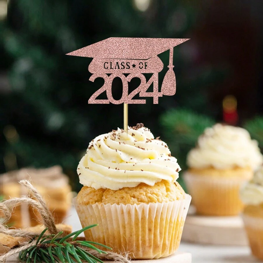 12pcs Rose Gold 'class Of' Graduation Cap Shaped Paper Cake Toppers For ...