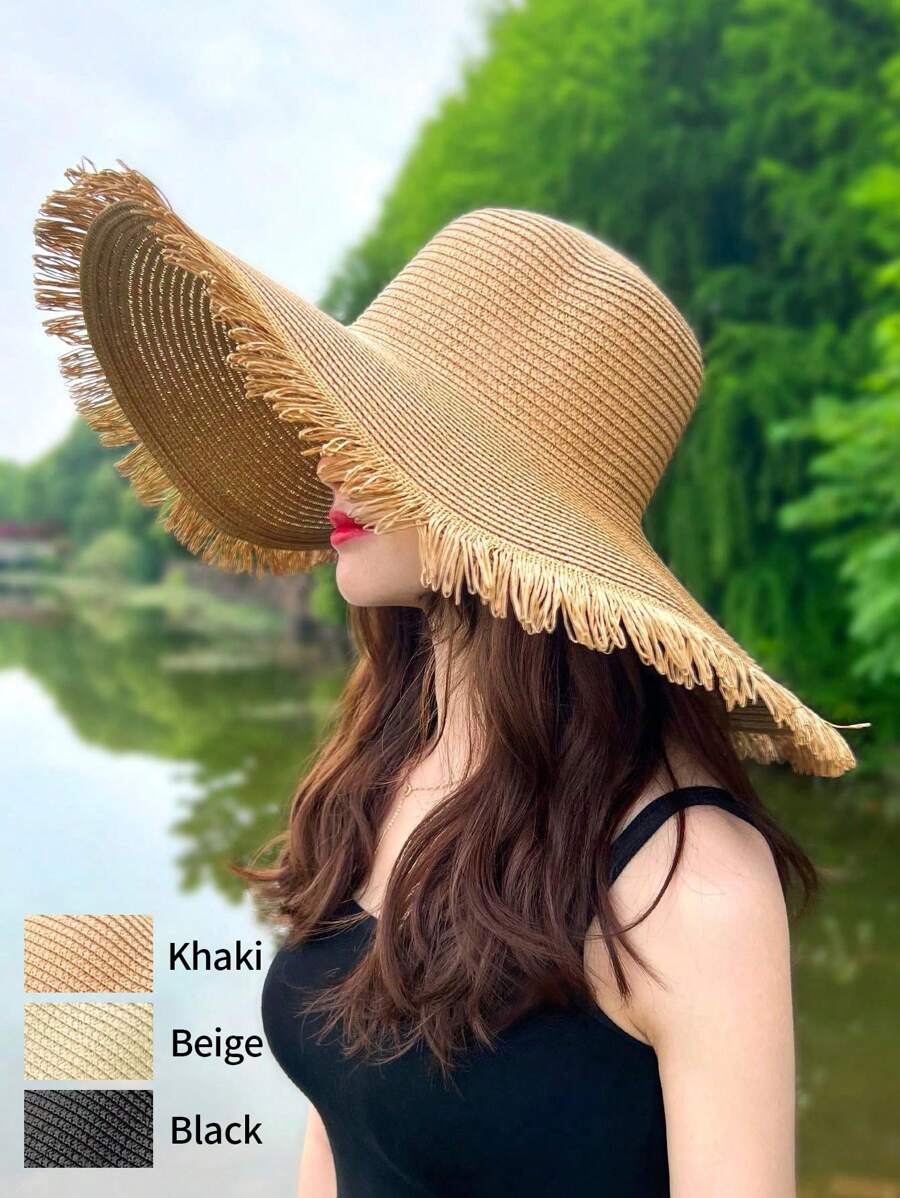 One Ladies Khaki Tassel Fringe Wide Brim Sun Hat With Solid Color ...