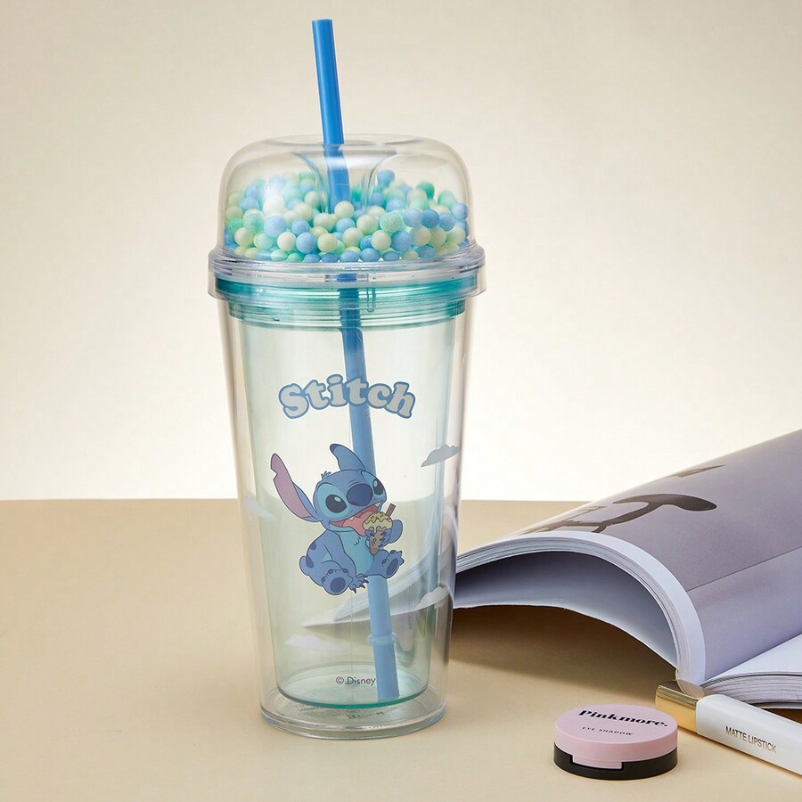 Miniso Disney Stitch Series Double Straw Plastic Cup, Portable Cute Cup ...
