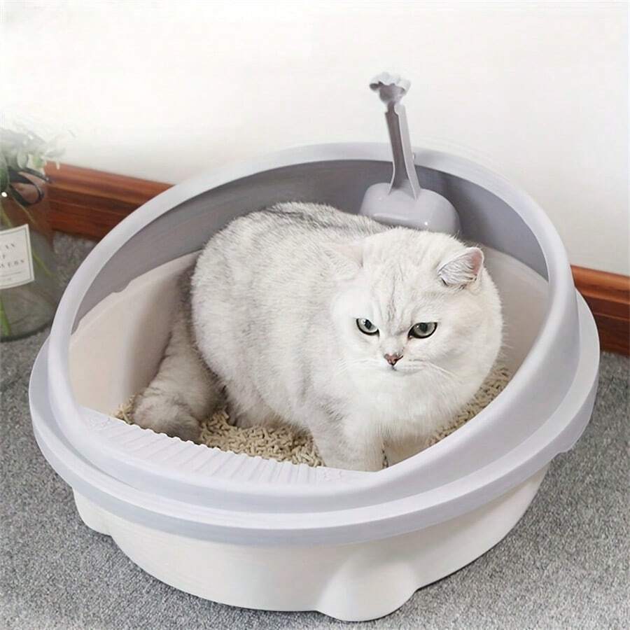 Semi-Enclosed Circular Cat Litter Box, Tilted Circular Cat Litter Pan ...