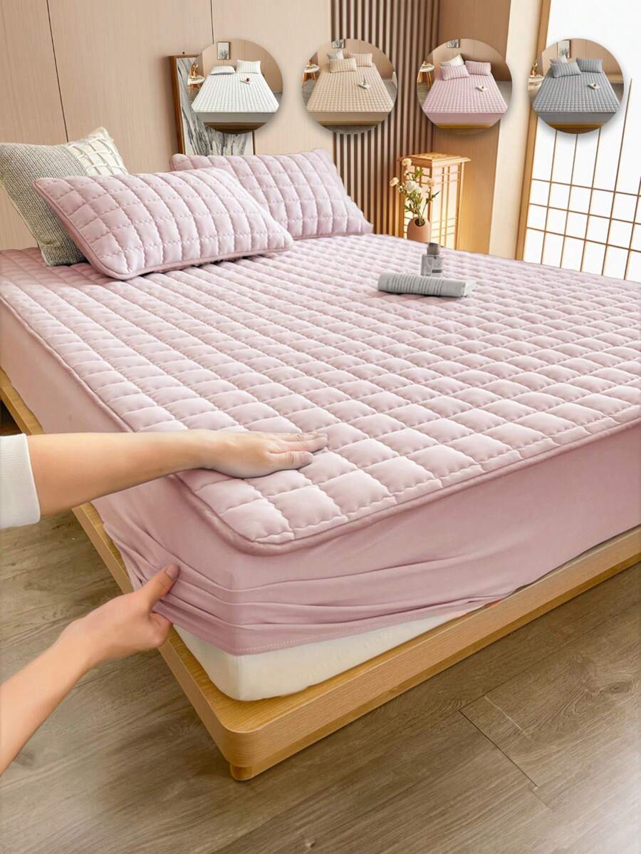 1pc Quilted Fitted Sheet, Solid Color Mattress Protector, All-Round ...