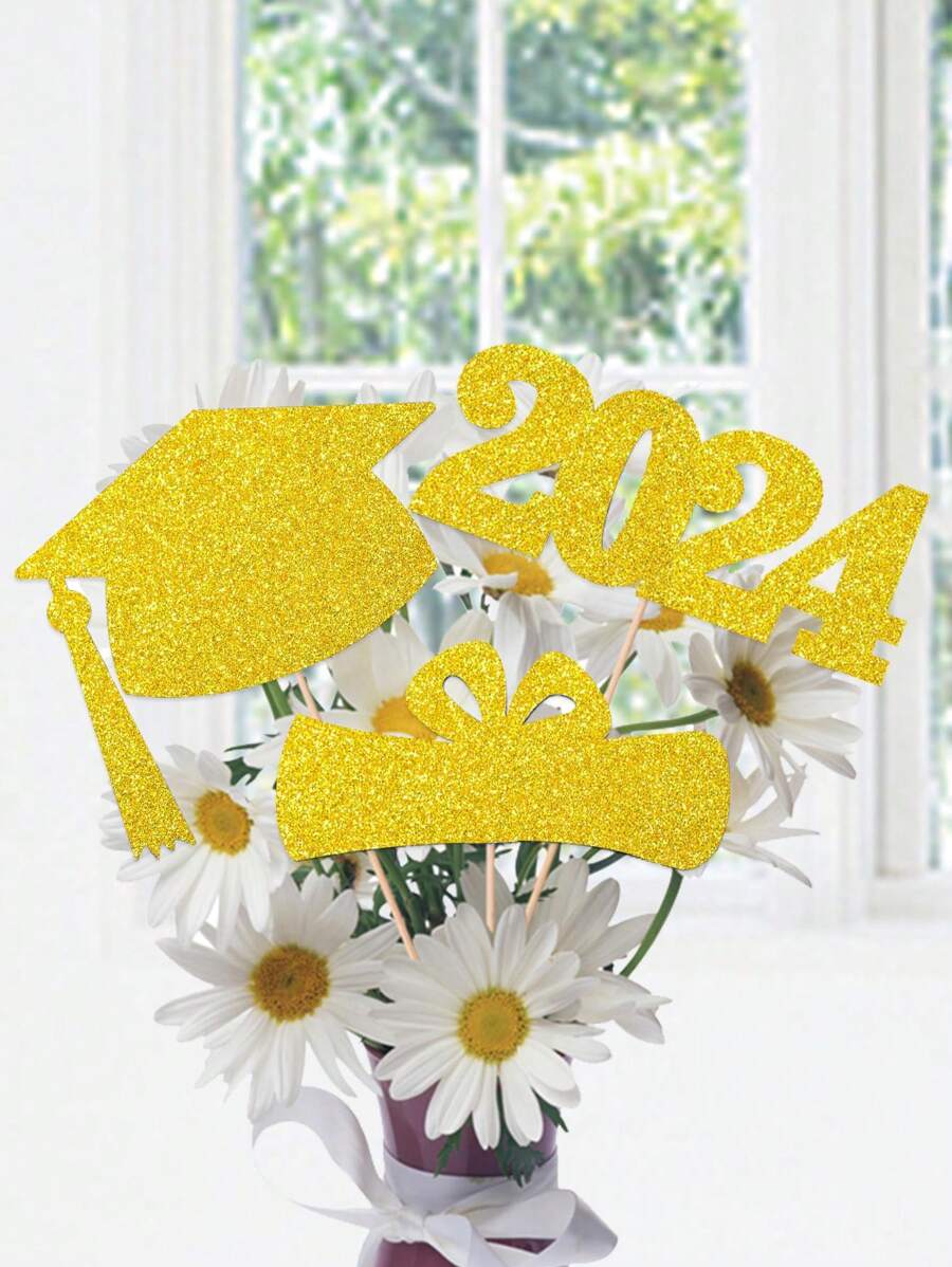 3pcs 2024 Gold Glitter Graduation Party Decoration Vase Inserts Venue ...