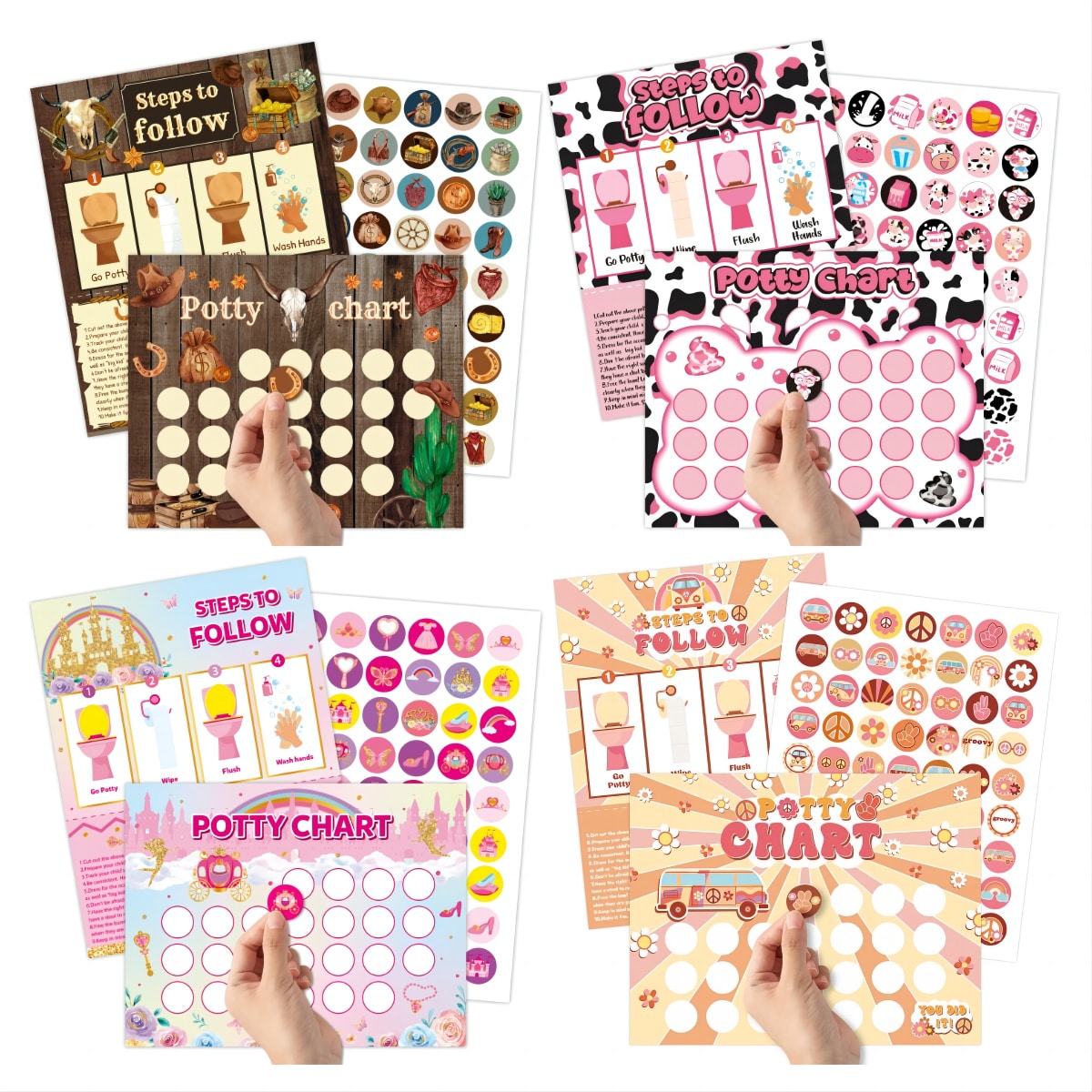 Potty Training Chart For Toddlers Girls Kids Hippie/Pink Cow/Princess ...