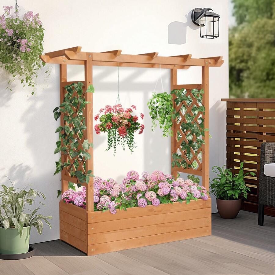 Raised Garden Bed With Arch Trellis, Wood Planter Box With Hanging Roof ...