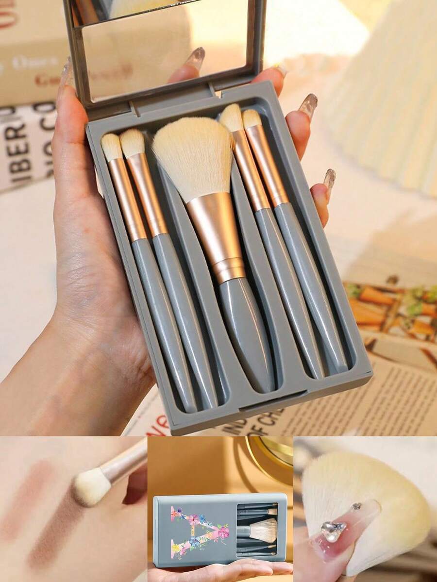 5PCS Makeup Brush With Case And Mirror Travel Storage Case Initial Name ...