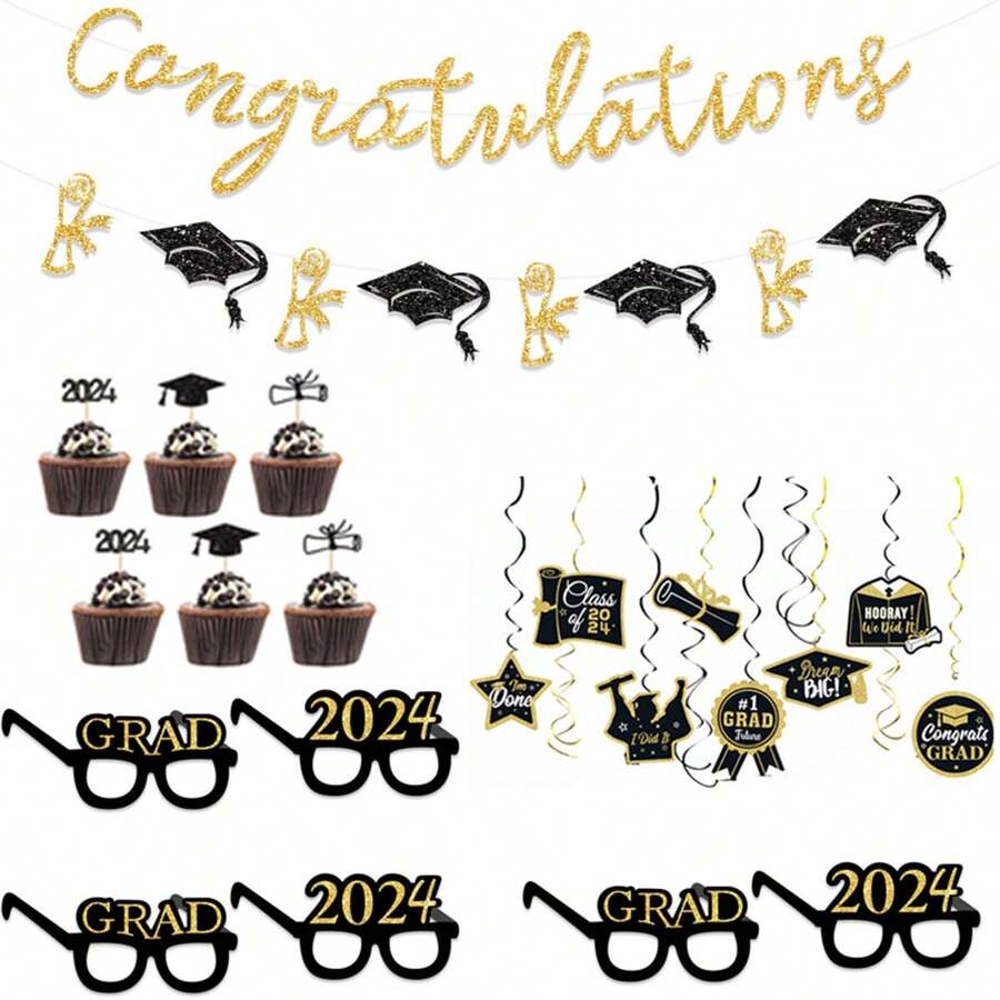 Congratulations Banner Set Graduation Decoration Class 2024 Gold ...