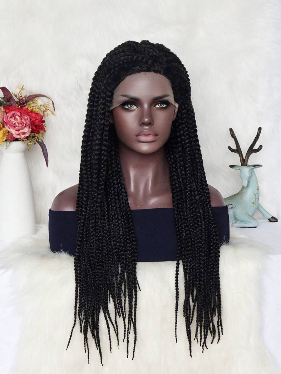Perruque Afro Noire Tressée Avec Dentelle Frontale Longue Sans Nœuds ...