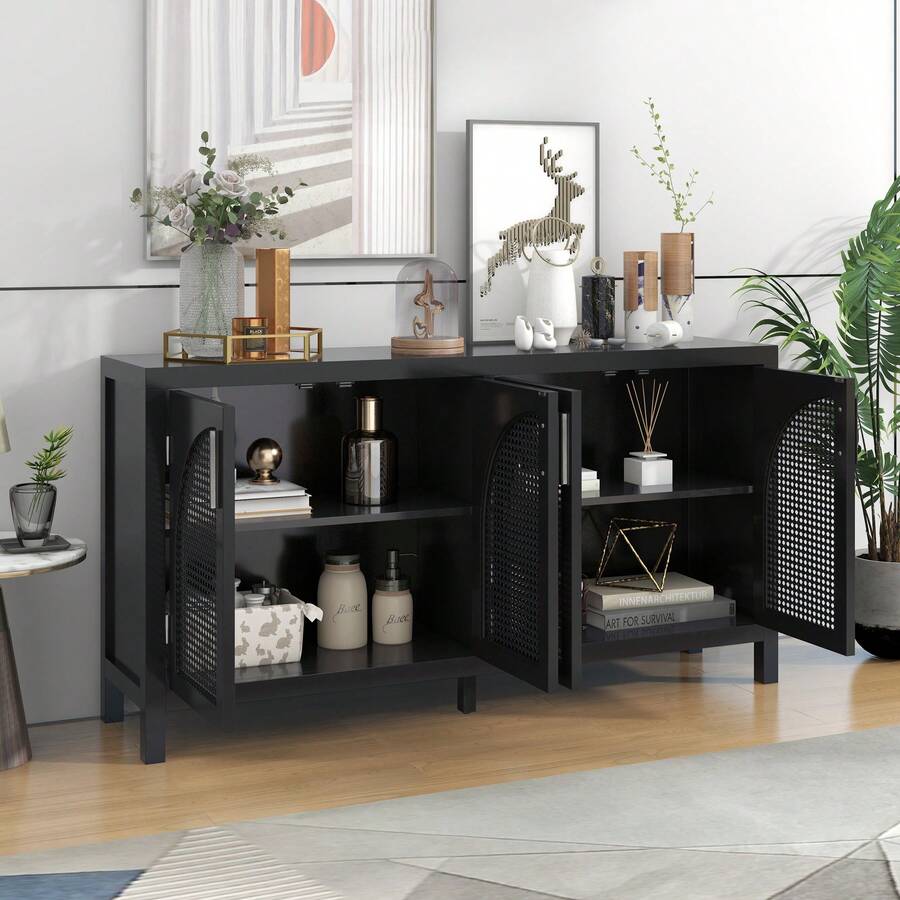 Sideboard Cabinet With Rattan Door Metal Handles Adjustable Shelves ...