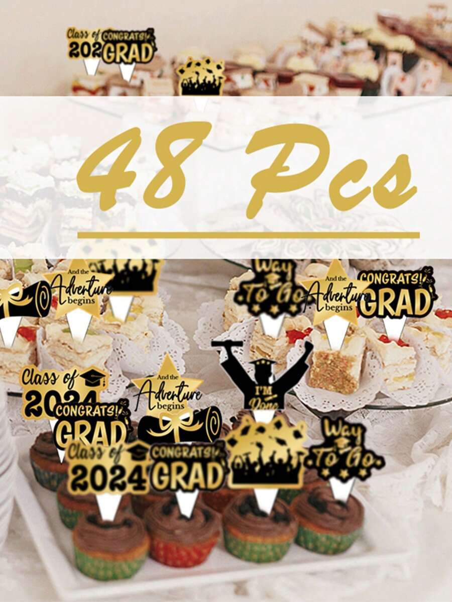 48pcs Graduation Cupcake Toppers Black Gold Grad Cap Diploma Cupcake ...