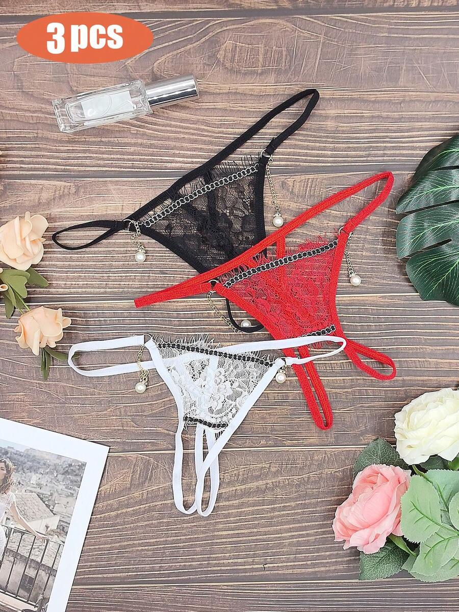 3-Pack Transparent Lace Panties With Chain Decor And Open Crotch Design ...