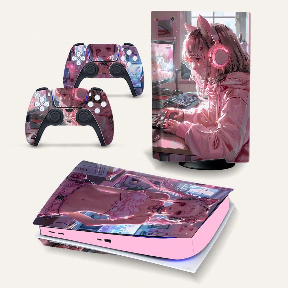 A Set Of Cute Pink Cat Girl Pattern Game Console Skin Sticker ...