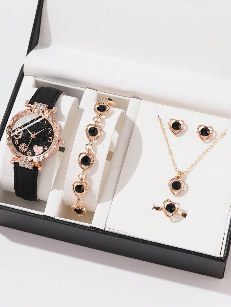 6pcs Women Watch Set - Fashionable Simple Black Pu Strap Watch With ...