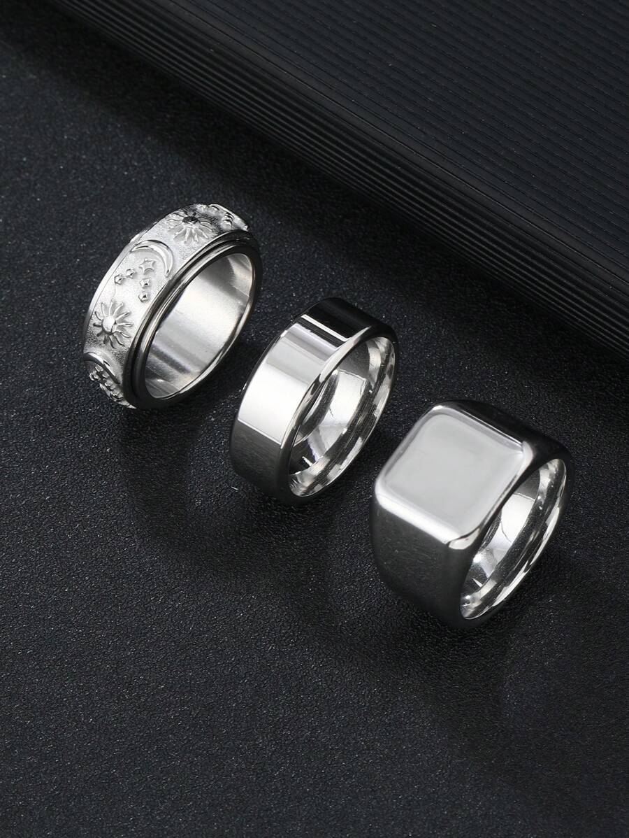 3pcs/Set Stylish Stainless Steel Silver Men's Ring Set Moon Stars Big ...