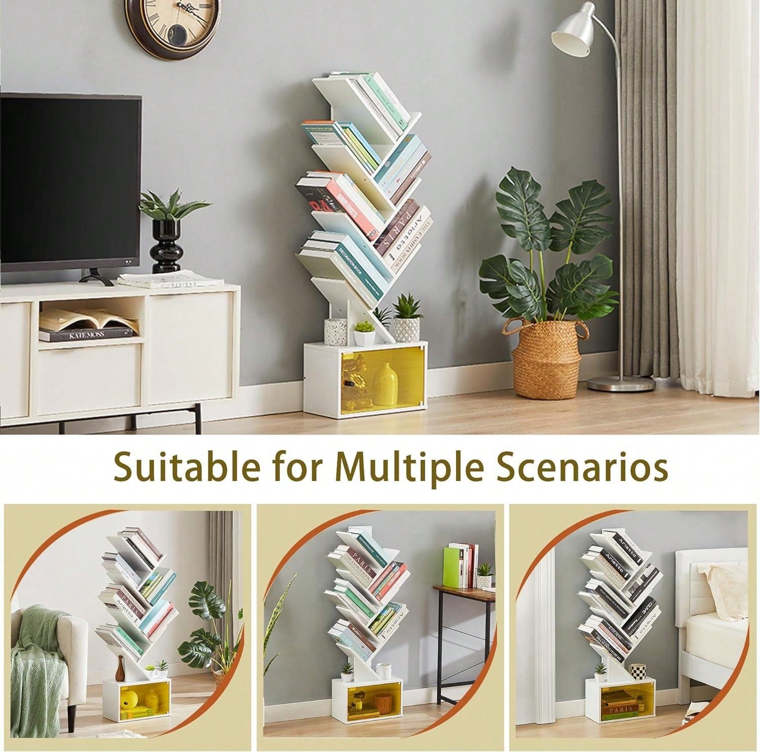 7-Tier Tree Bookshelf, 7 Shelf Storage Bookcase With Drawer, Wooden ...