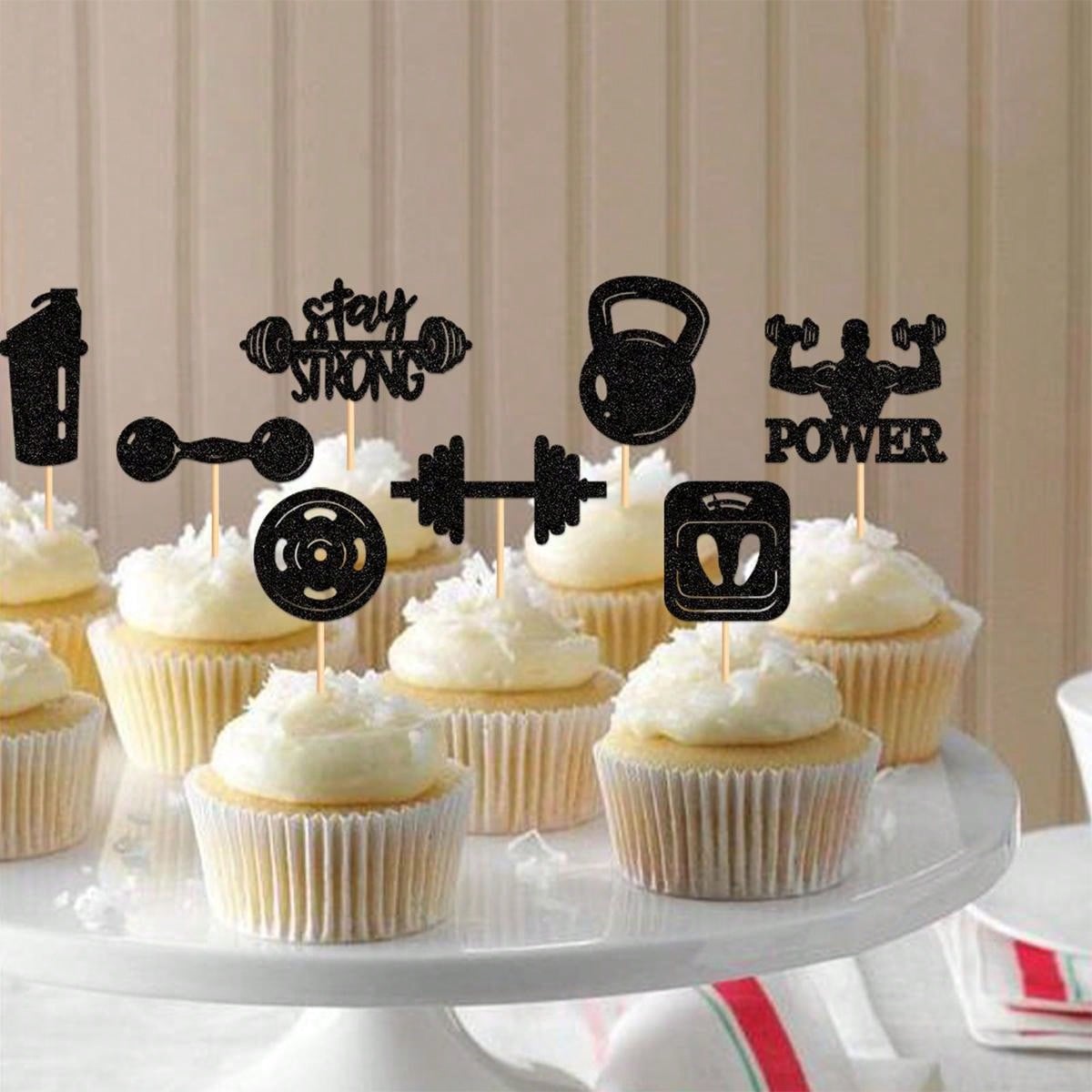 Black Glitter Gym Workout Cupcake Toppers Decor, Dumbbells, Kettlebells ...