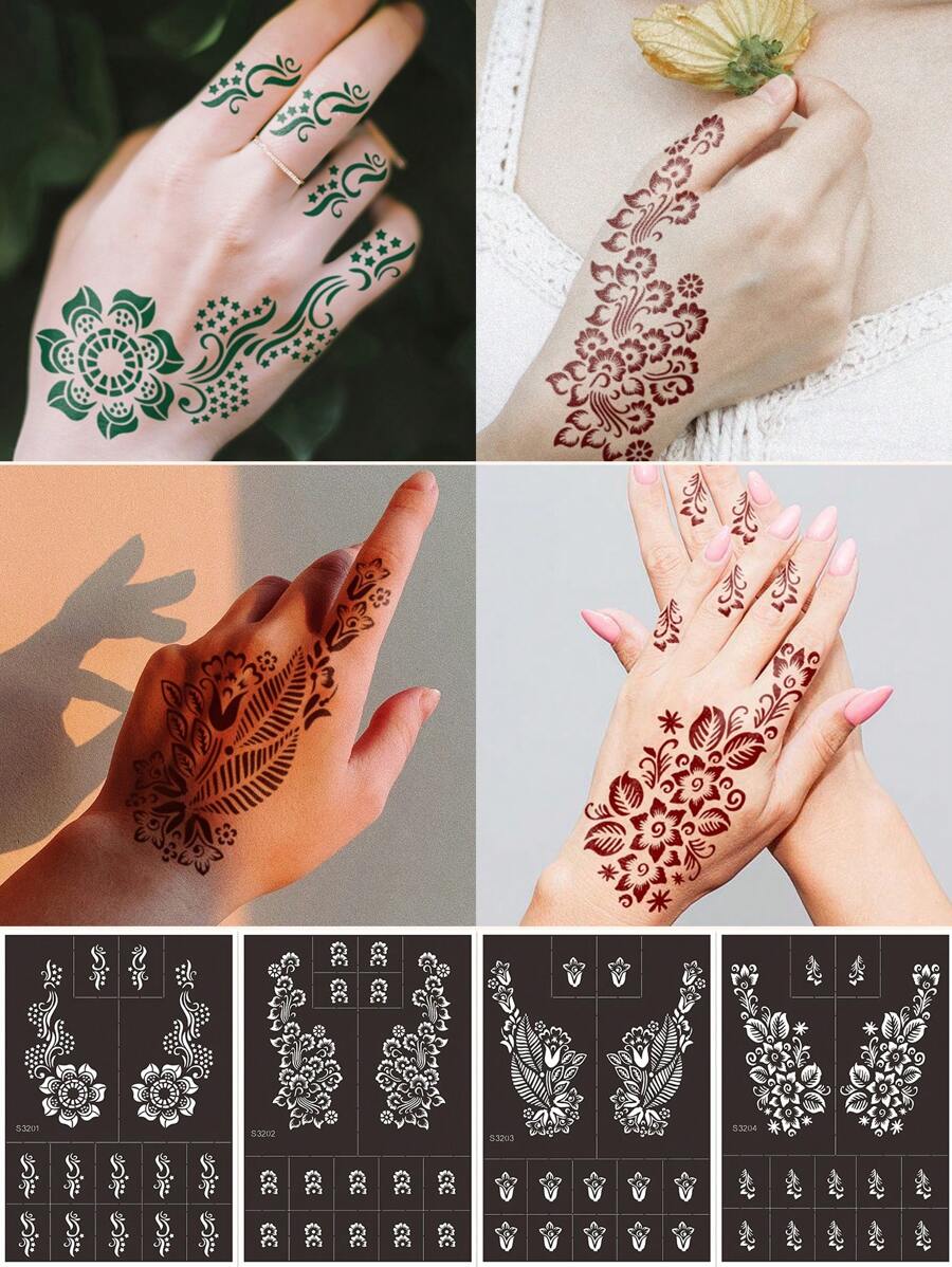 4 Sheets Flora Henna Tattoo Sticker Flora Henna Tattoo Stencil Stickers ...