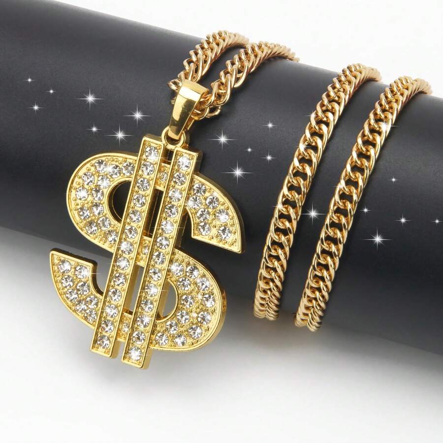 Gold Necklace Chain With Dollar Sign, 18K Gold Plated Hip Hop Chain ...