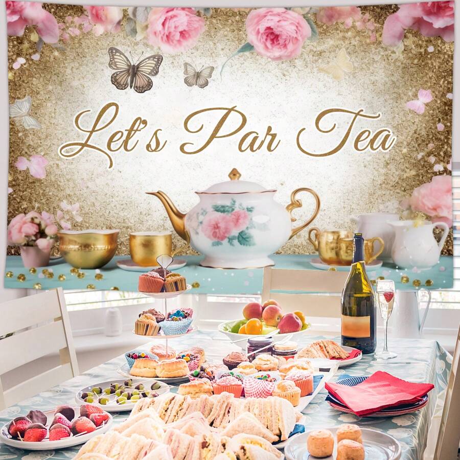 Tea Party Backdrop Pink Rose Floral Gold Butterfly Teapot Let's Partea ...