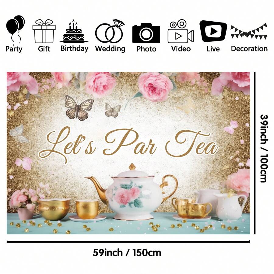 Tea Party Backdrop Pink Rose Floral Gold Butterfly Teapot Let's Partea ...