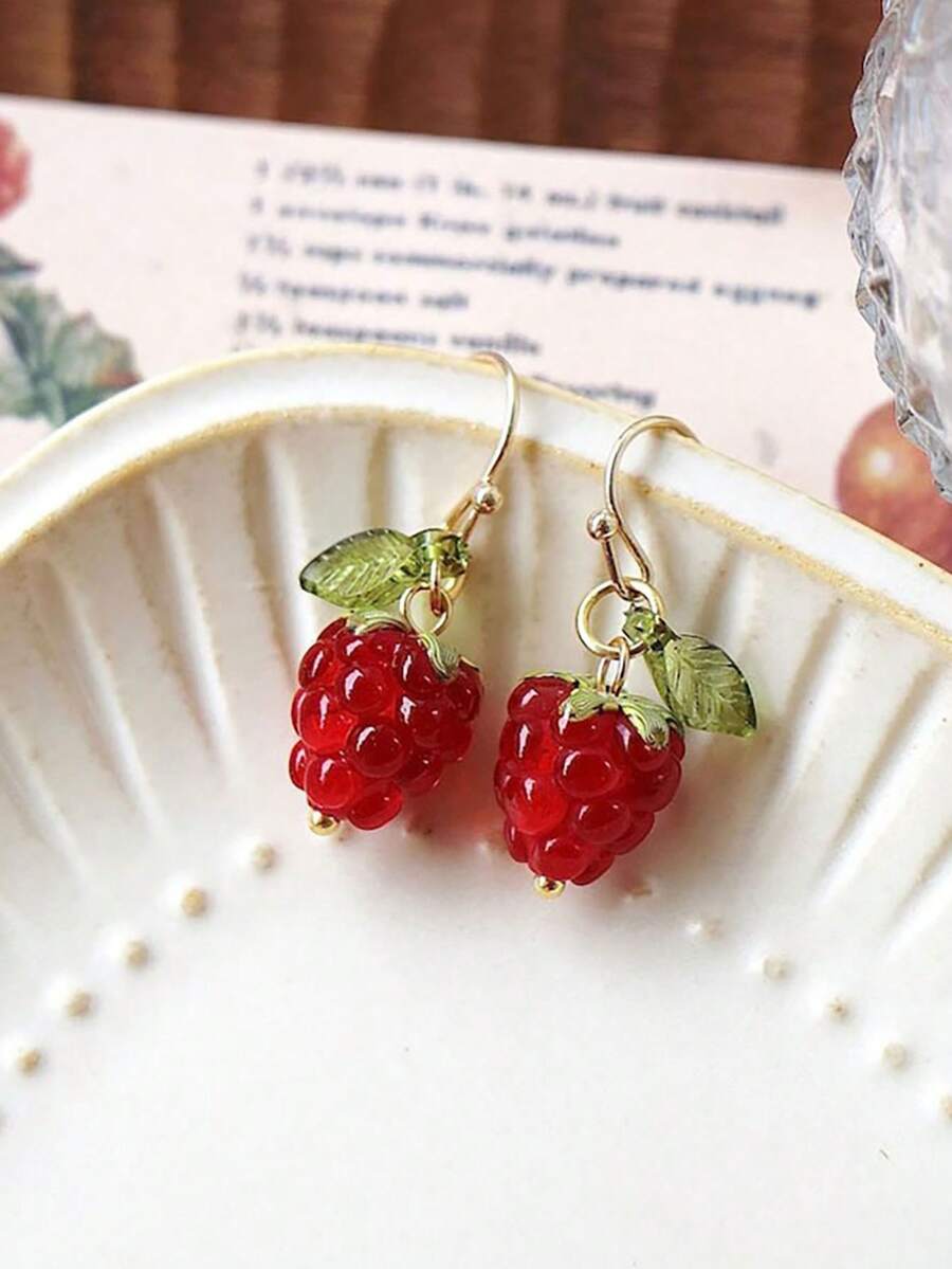2pcs/Set Handmade Raspberry Shaped Resin Earrings, Sweet Red Berry ...
