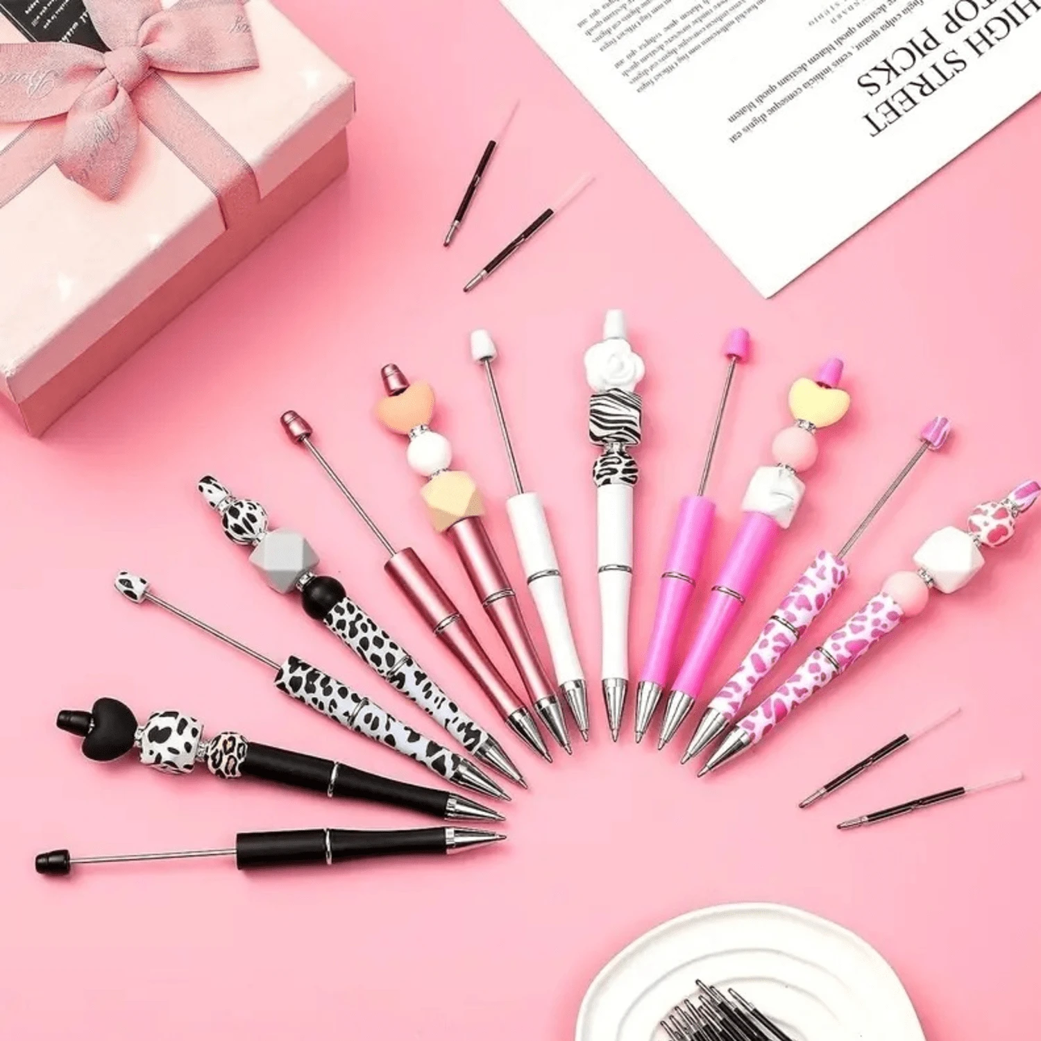 20 Pcs Beadable Pens, Plastic Bead Pen Bulk Colored,Black Ink Beaded ...