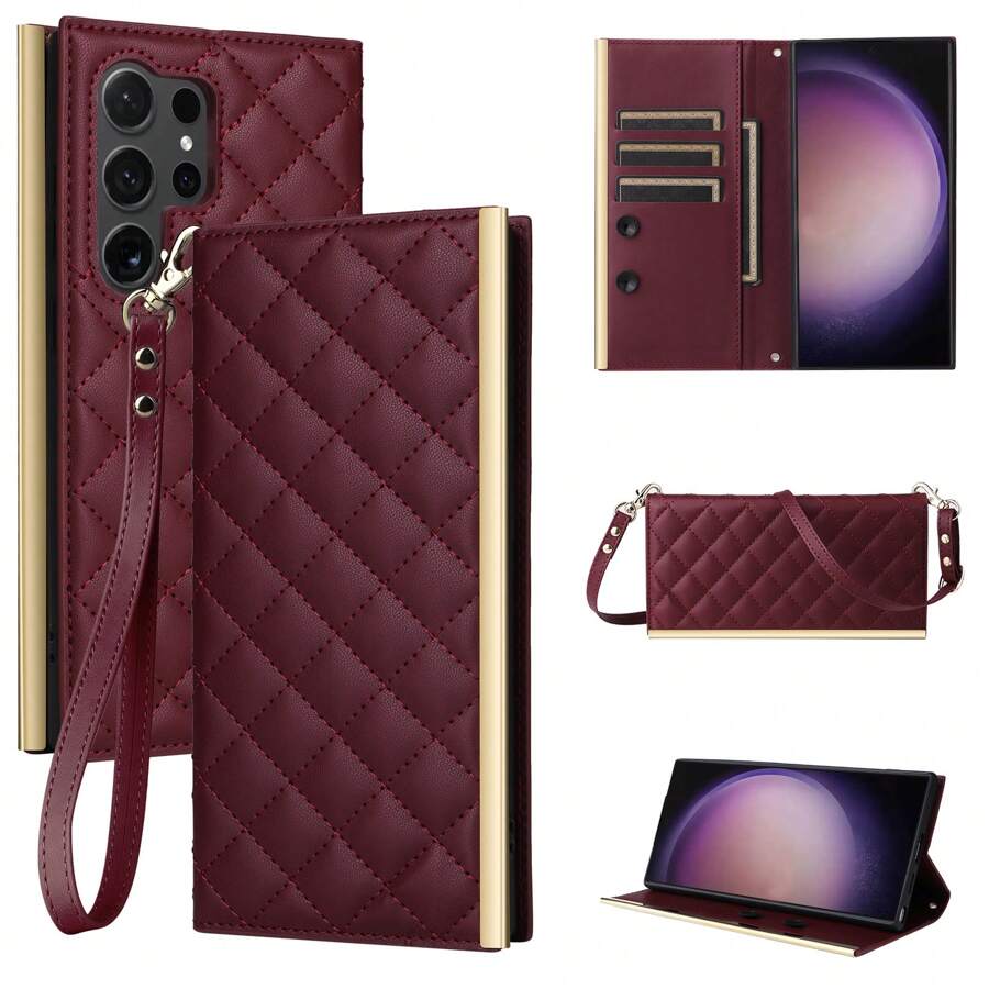 Fashion PU Leather Flip Phone Case With Adsorption Card Slot Long Short Lanyard For Samsung ...