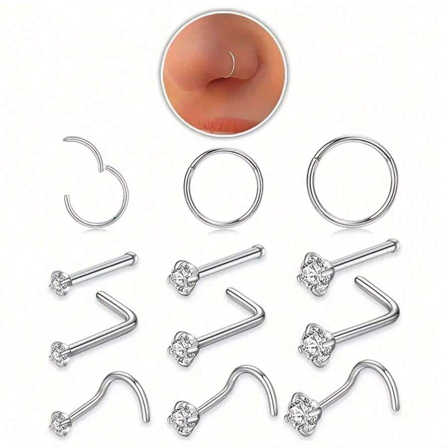 12 Pcs Hypoallergenic 316L Surgical Stainless Steel Nose Rings Hoops ...