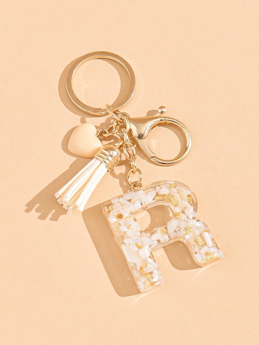 1pc Women's Beige Resin Keychain With Droplet Letter, Heart & Tassel ...
