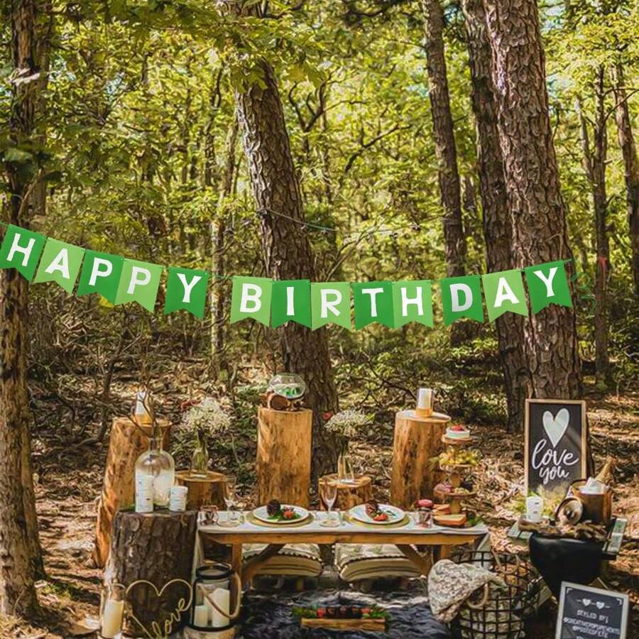 Green Happy Birthday Banner Greenery Theme Birthday Party Bunting ...