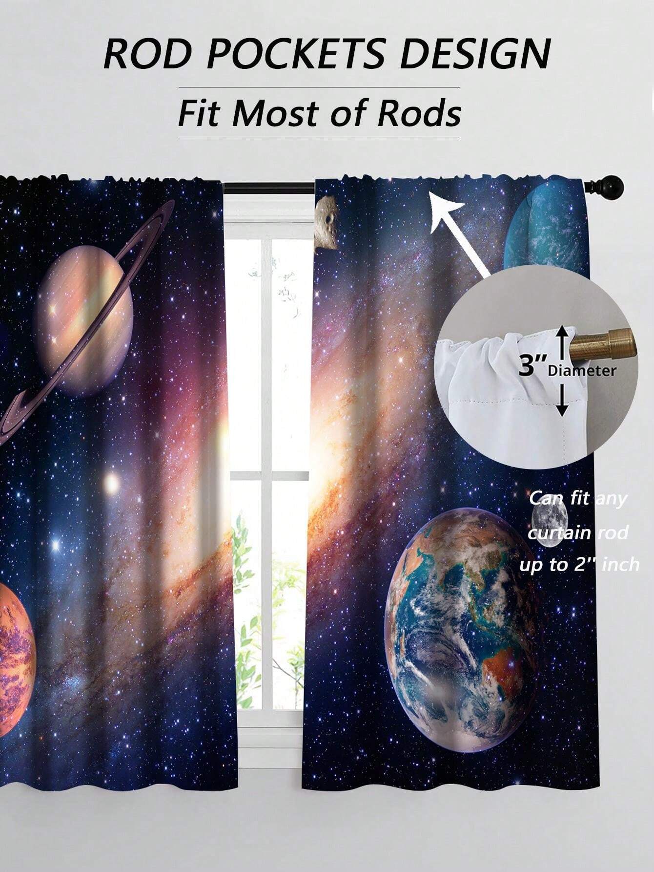 2pcs Glittering Solar System Curtains For Bedroom, Office, Kitchen ...