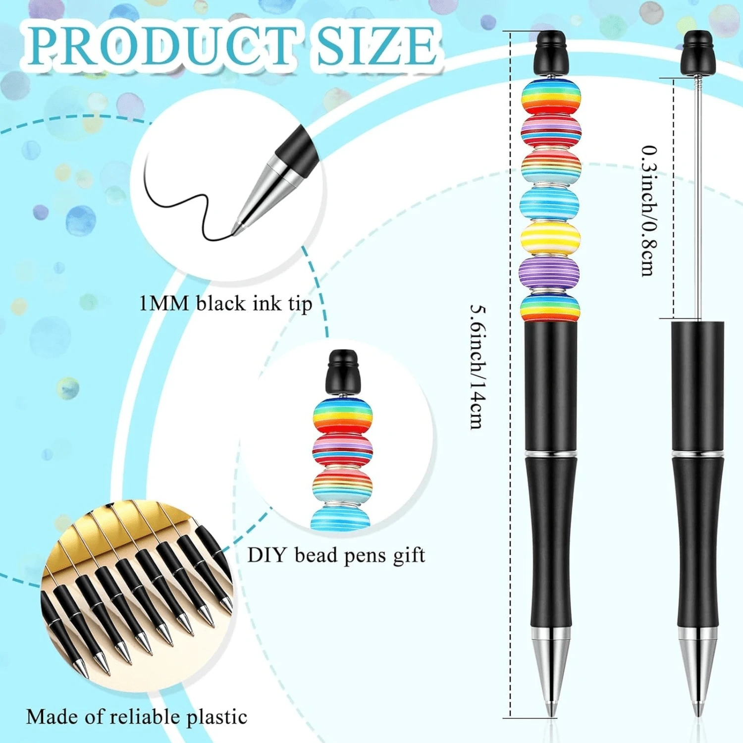 20 Pcs Beadable Pens, Plastic Bead Pen Bulk Colored,Black Ink Beaded ...