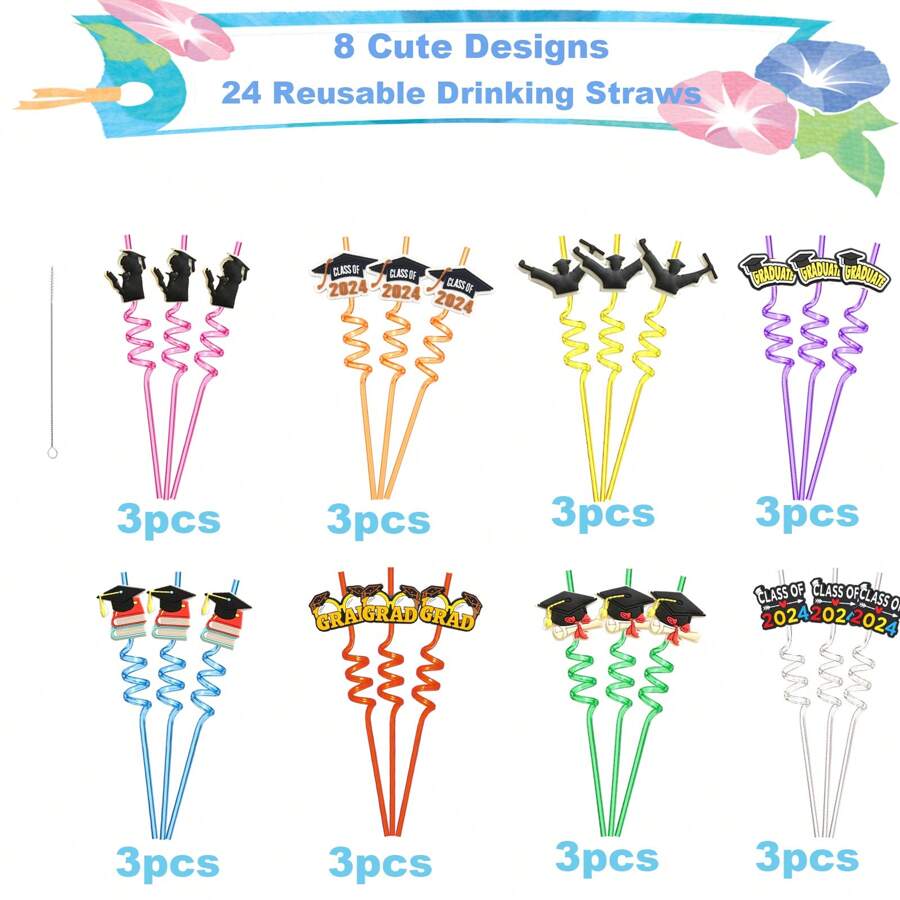 24Pcs Congratulations Grad Class Of 2024 Graduation Theme Straws ...