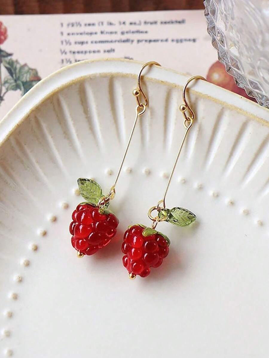 2pcs/Set Handmade Raspberry Shaped Resin Earrings, Sweet Red Berry ...