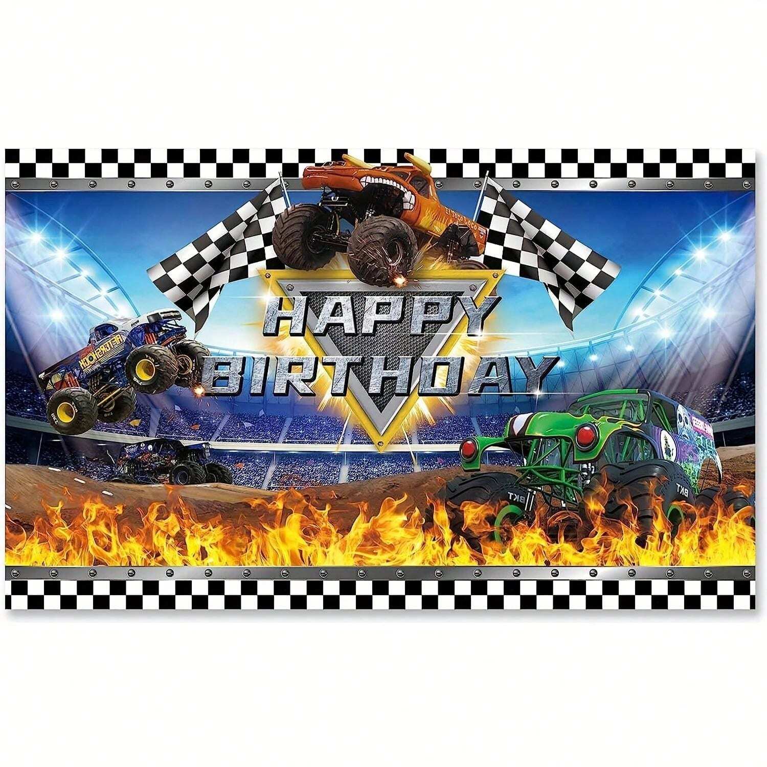 1pc, Monster Truck Backdrop, 5x3ft Happy Birthday Backdrop For Birthday ...