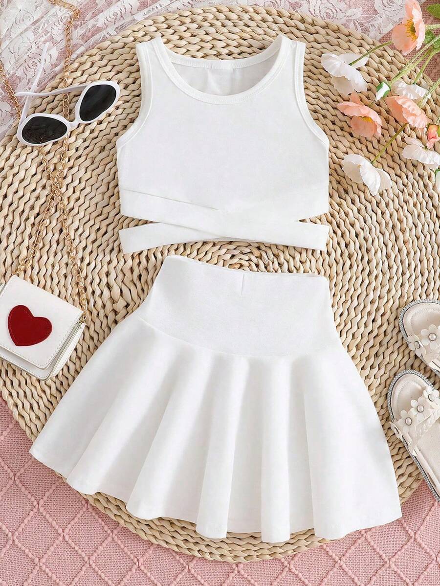 Tween Girls Summer Casual Solid Color Hollow-Out Back Tank Top & Skirt ...