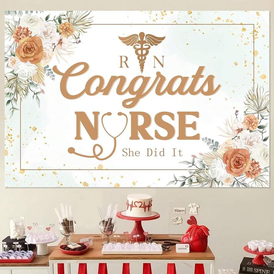 1pc Nurse Graduation Backdrop 2024 Congrats Nurse Banner Floral Nursing ...