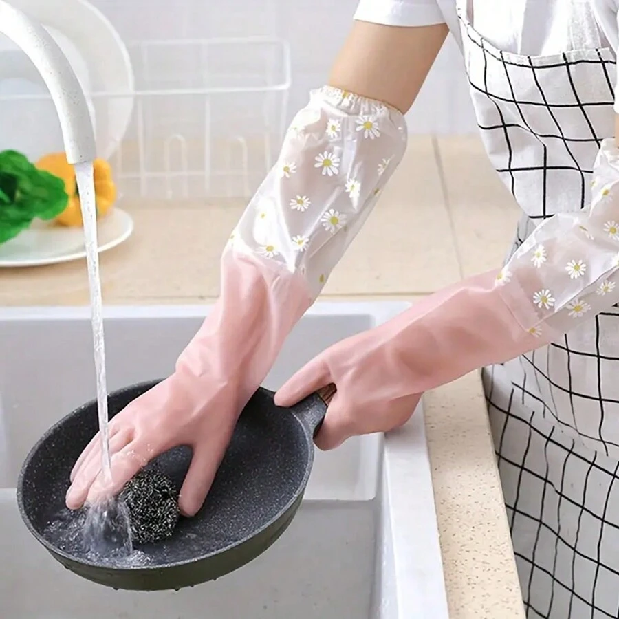 1 Pair Long Sleeve Rubber Gloves, Reusable Dishwashing Gloves, Kitchen ... 1 Pair Long Sleeve Rubber Gloves, Reusable Dishwashing Gloves, Kitchen ...