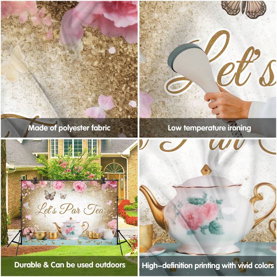 Tea Party Backdrop Pink Rose Floral Gold Butterfly Teapot Let's Partea ...