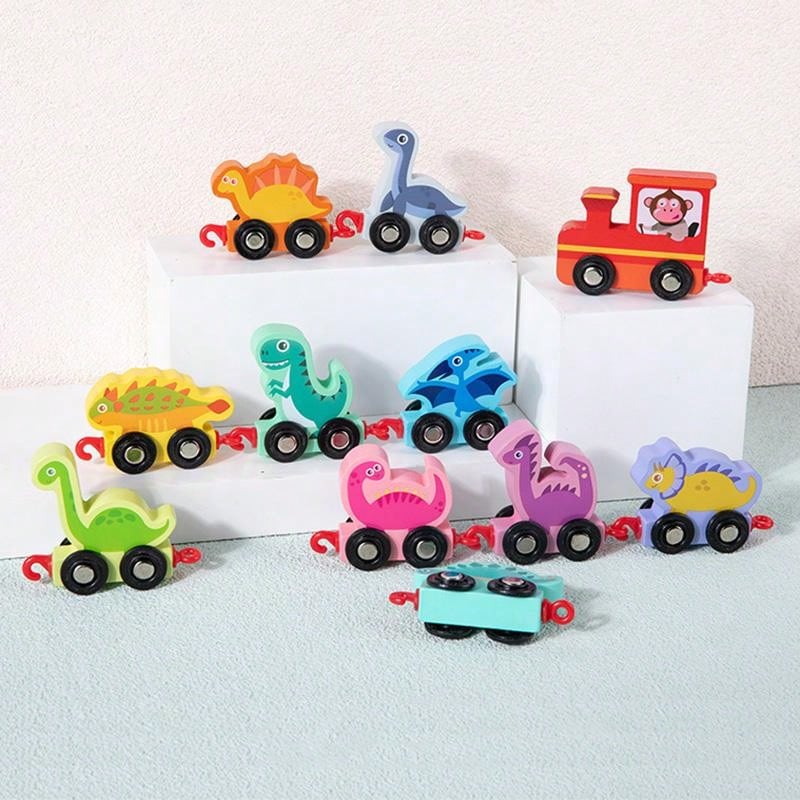 Magnetic Wooden Dinosaurs Train Set 11Pcs Number Wooden Toy Learning ...