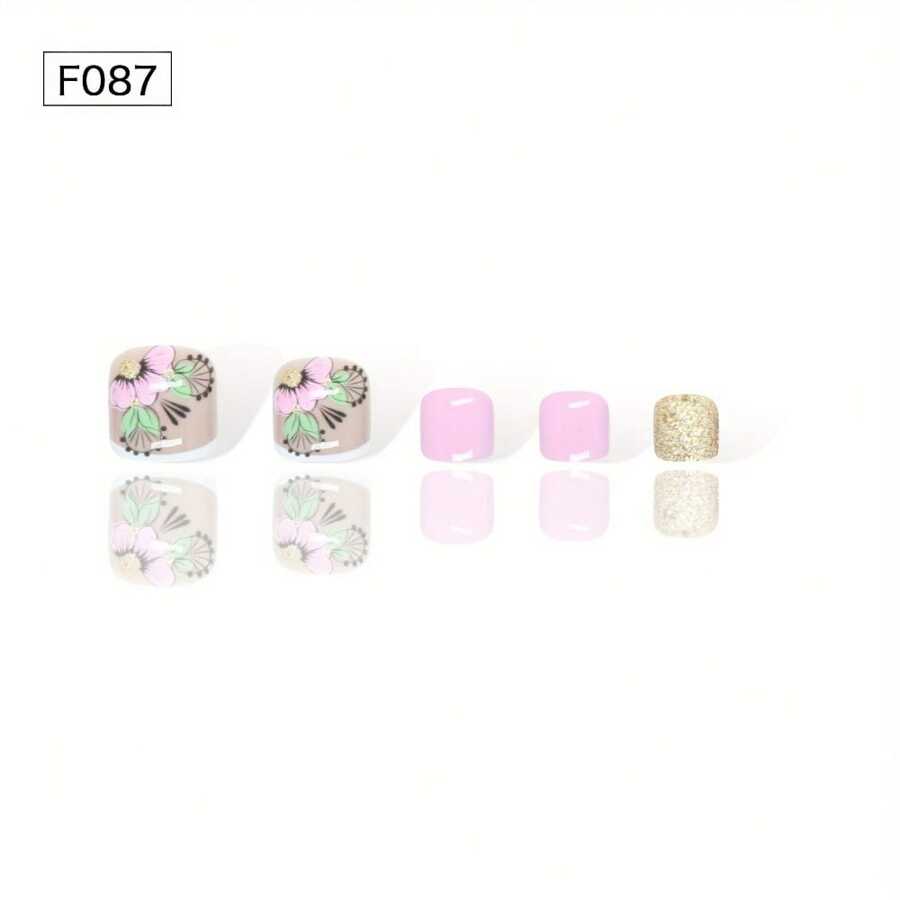 24pcs Spring Summer Flower Leaves Press On Toenails, Pink Square Fake ...