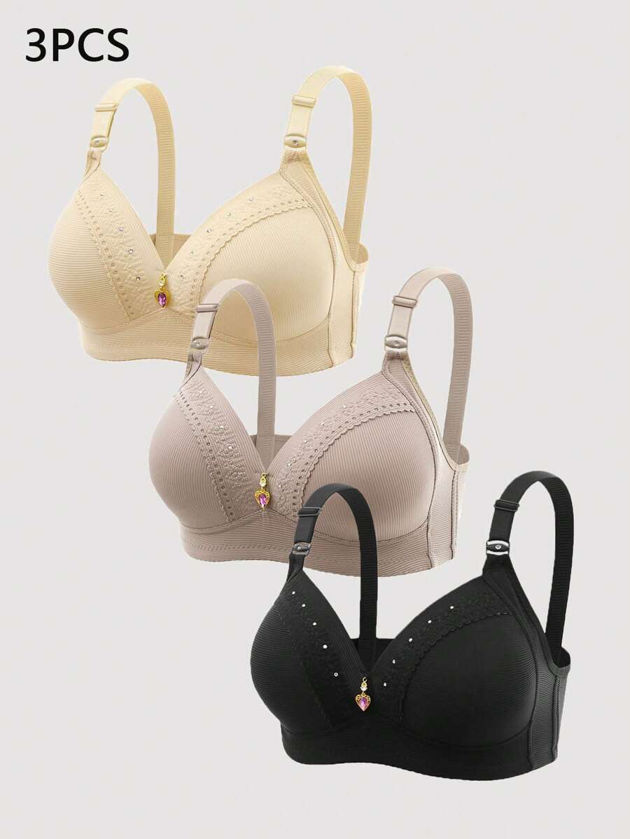 3pcs Set Contrast Lace Adjustable Wirefree Comfortable Bra With Pendant ...