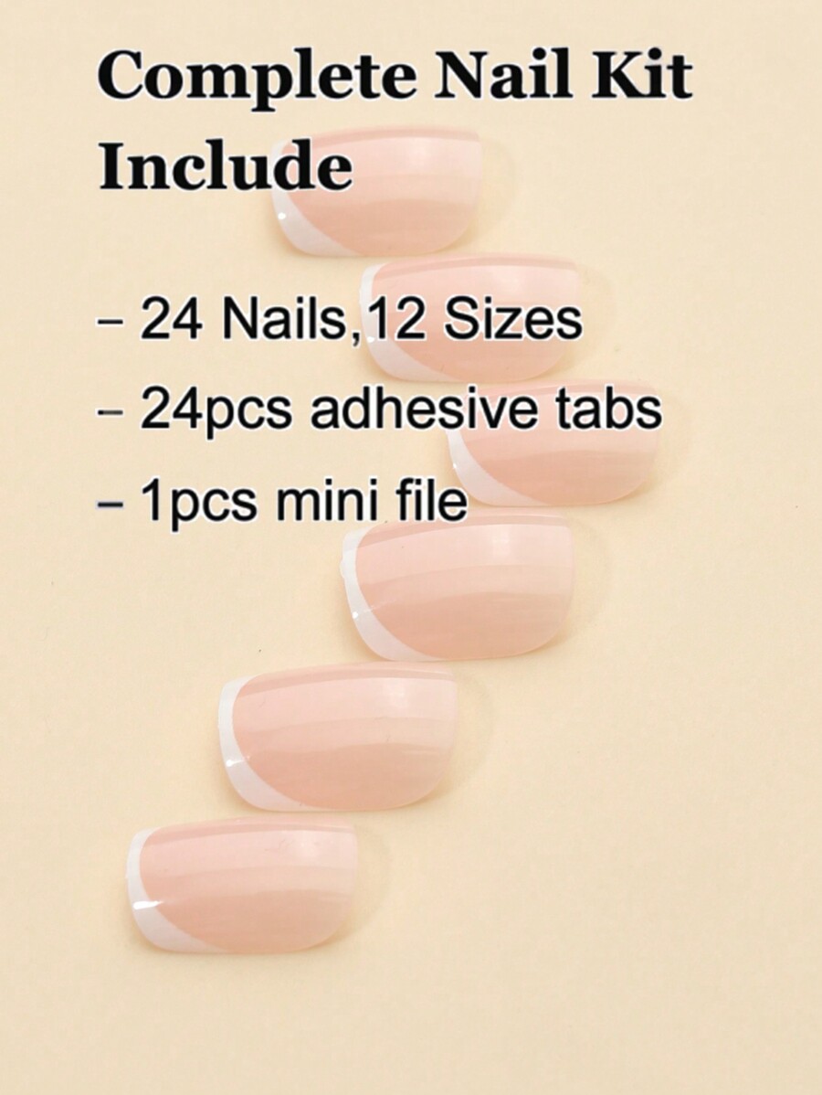24pcs Short Square Shape Press-On Nail Tips With Stripe Pattern, French ...