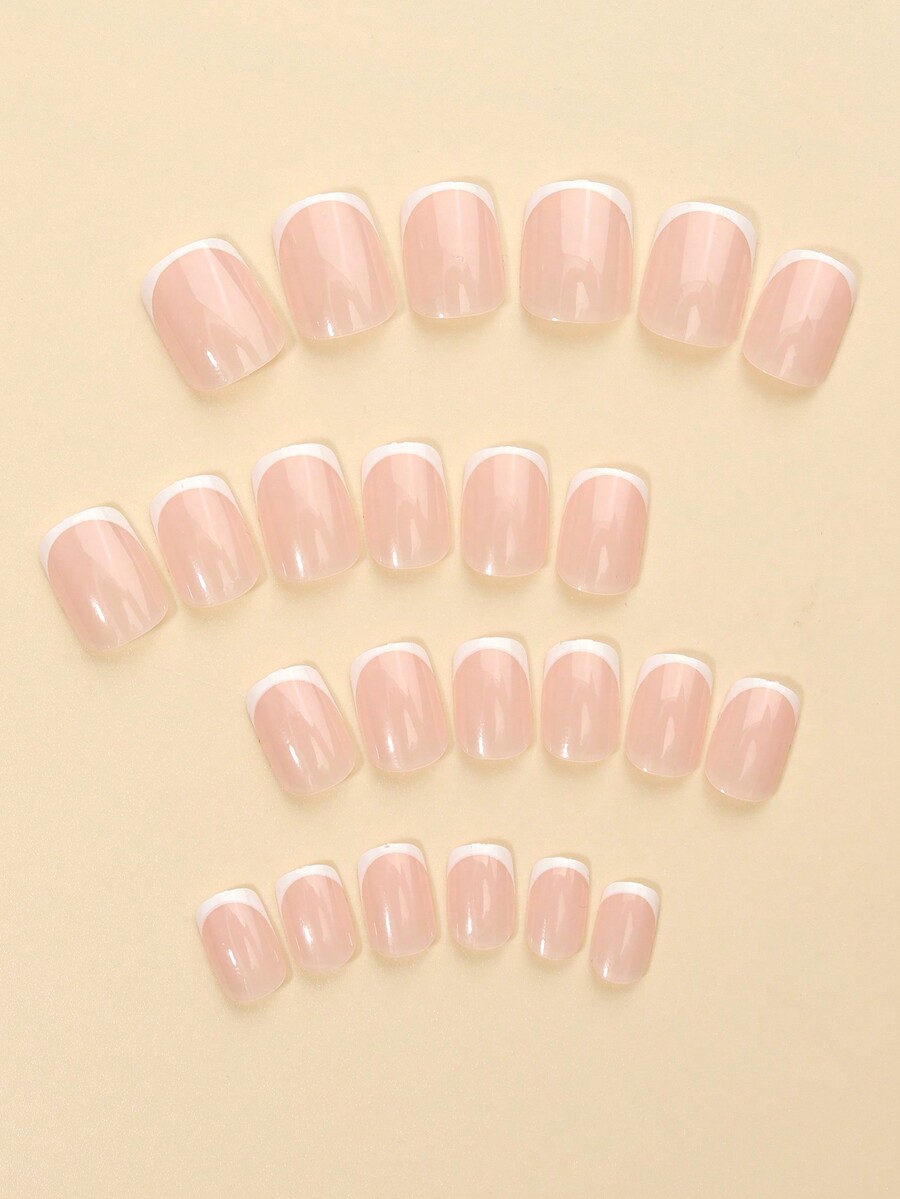 24pcs Short Square Shape Press-On Nail Tips With Stripe Pattern, French ...