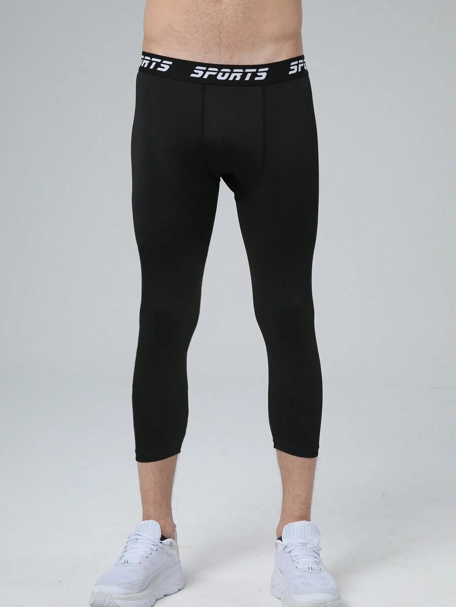Men's Quick-Drying Compression Tights With Letter Weave Detail And 3/4 ...