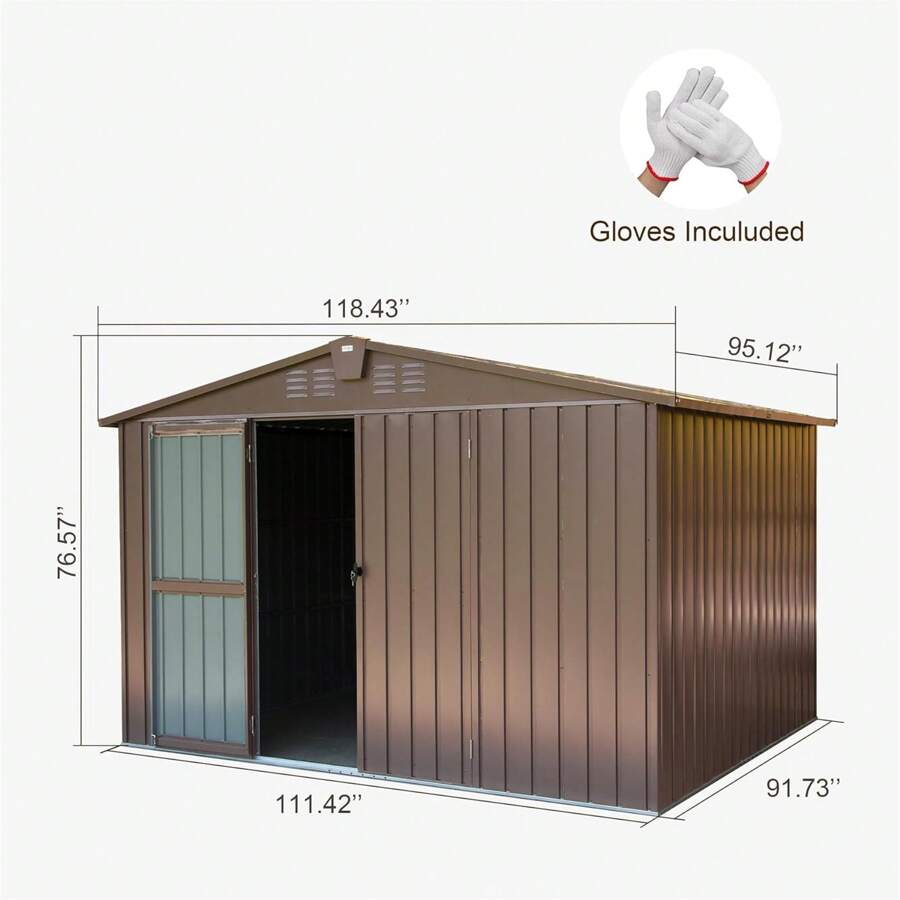10'x8' Metal Garden Shed With Sloping Roof, 32 Air Vents, Push-Pull ...
