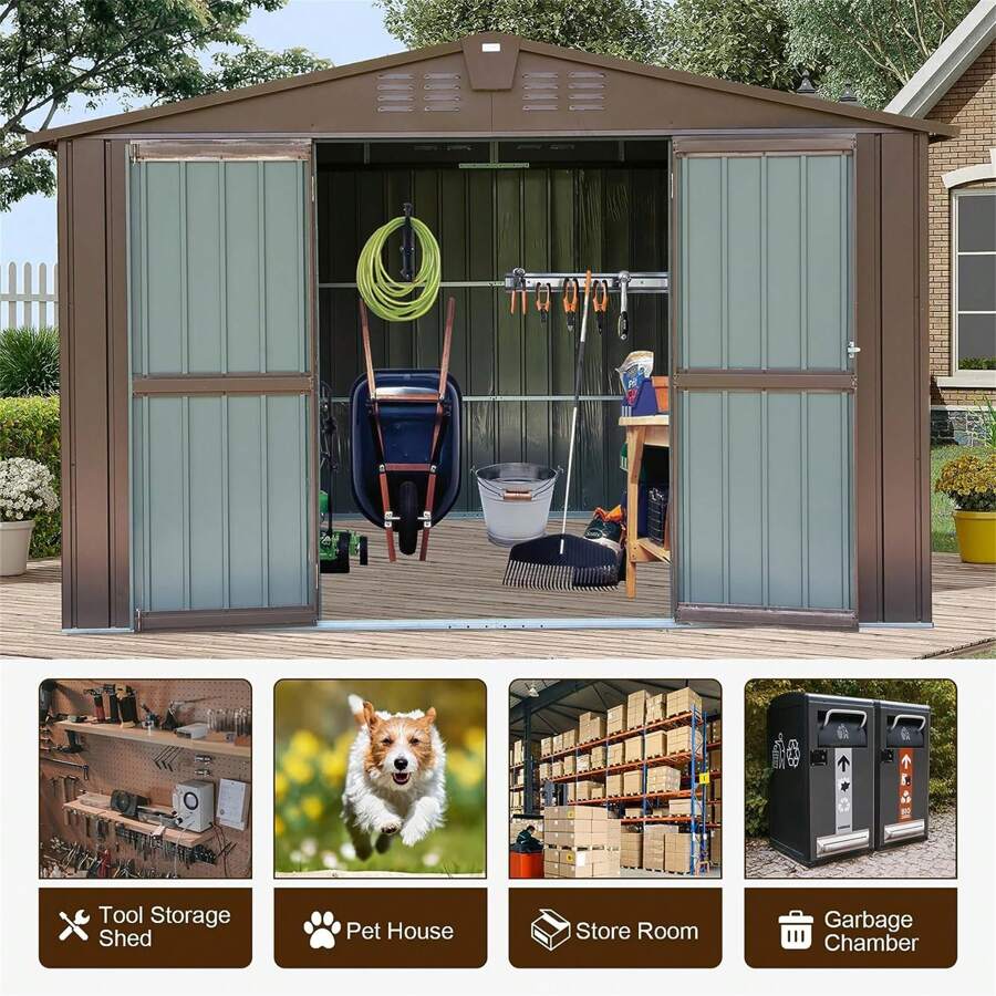 10'x8' Metal Garden Shed With Sloping Roof, 32 Air Vents, Push-Pull ...