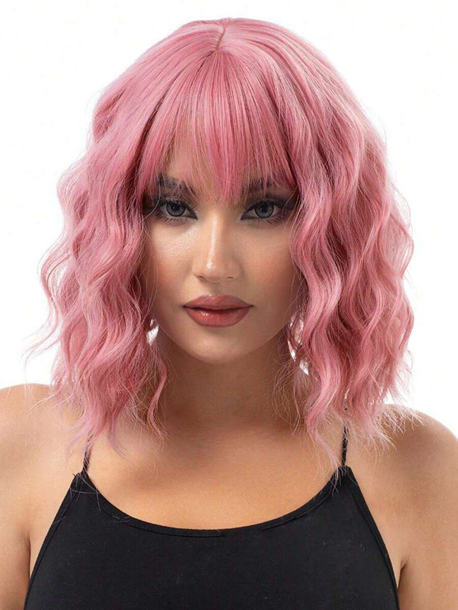 Short Synthetic Wavy Bangs For Women's Short Pink Wig Role-Playing ...