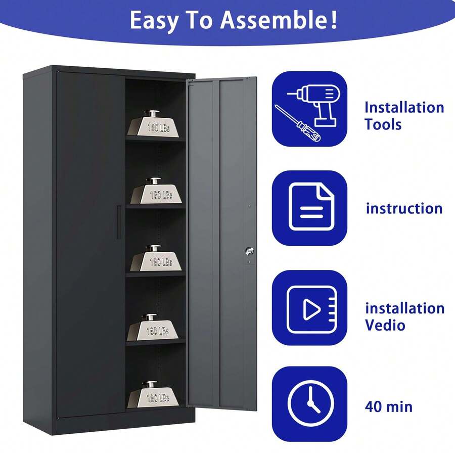 Metal Storage Cabinet With 2 Doors, 4 Adjustable Shelves, Locks And 2 ...